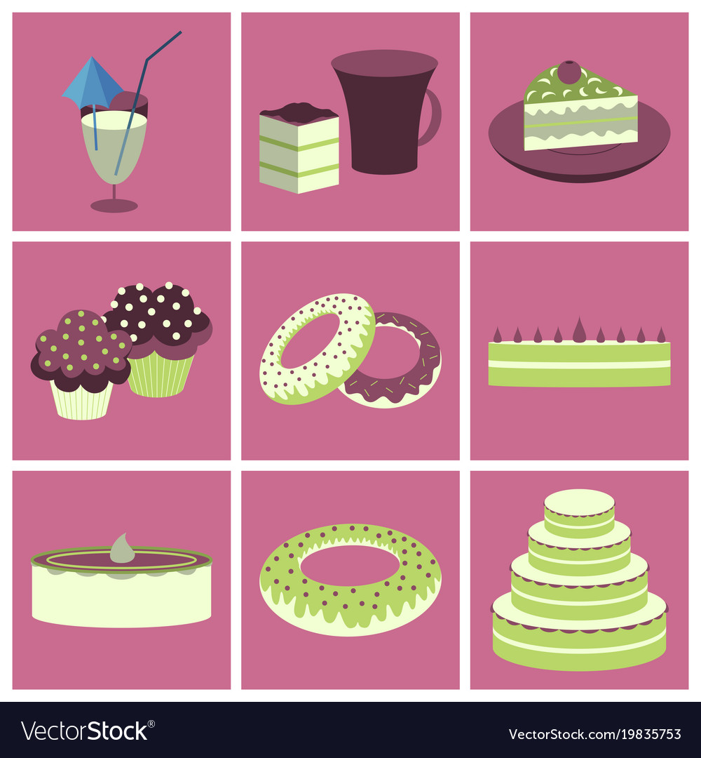 Set icons in flat design cakes desserts Royalty Free Vector