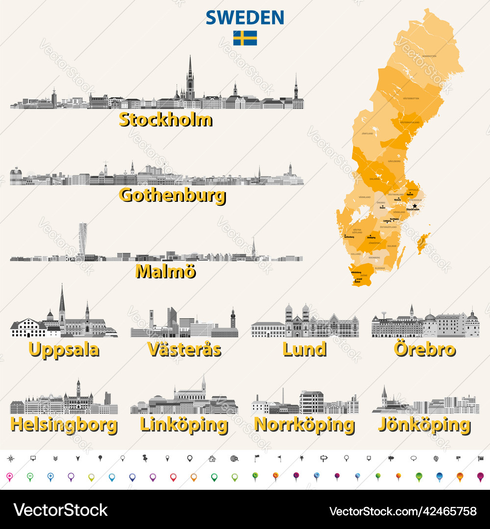 Sweden map with main cities on it and skylines Vector Image