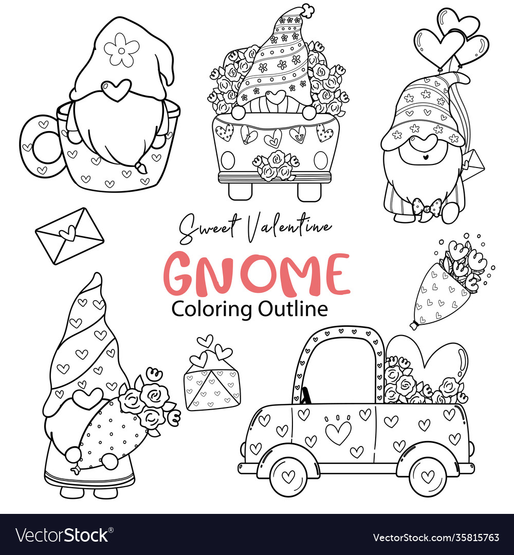 Cute valentine gnome coloring outline collection Vector Image