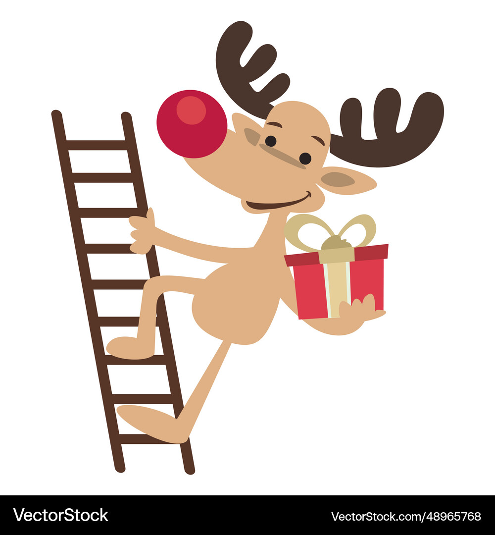 Reindeer cartoon climbing ladder Royalty Free Vector Image