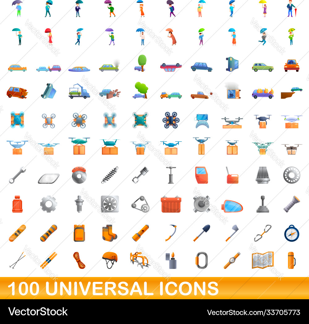 100 universal icons set cartoon style Royalty Free Vector