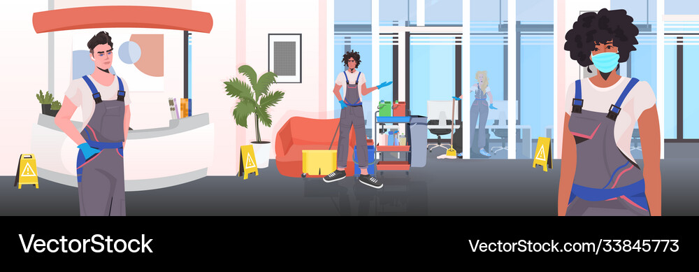 Professional cleaners team cleaning and Royalty Free Vector