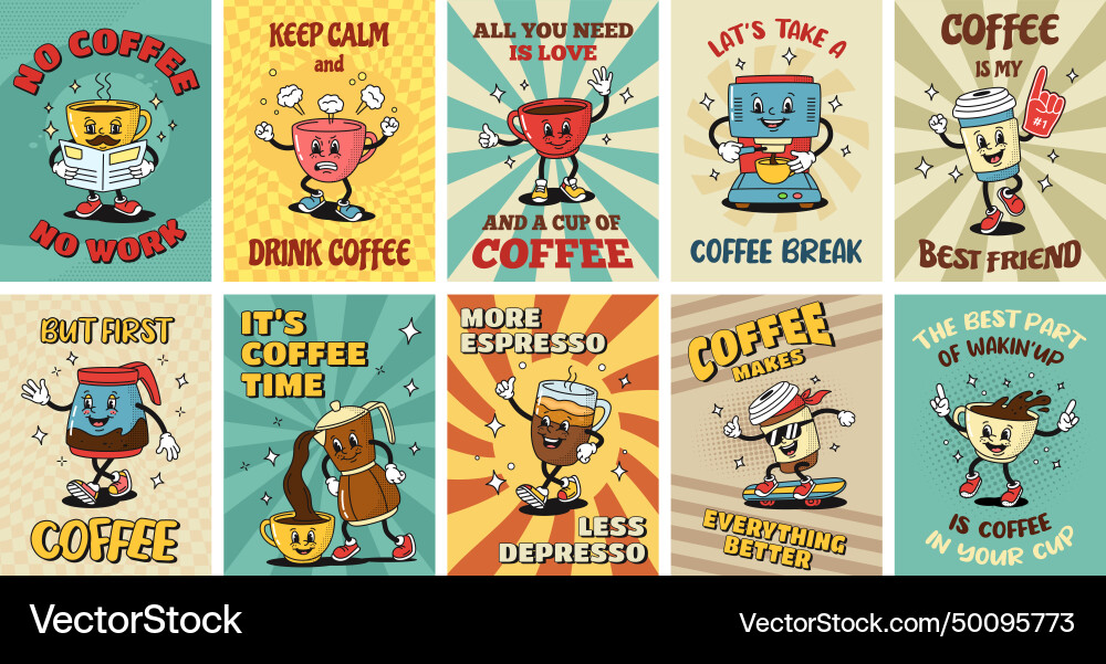 Retro coffee posters cartoon espresso cups Vector Image