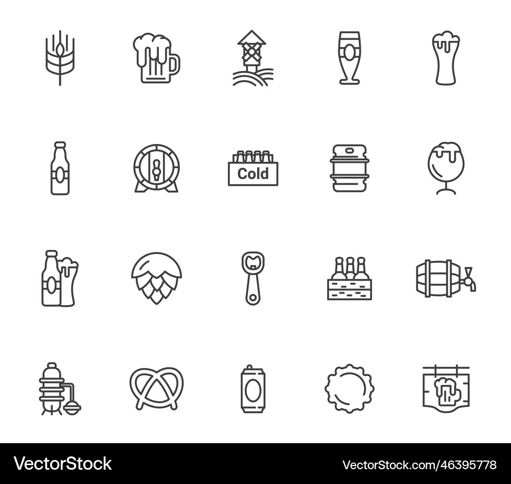 Beer line icon set barrel brewery bottle Vector Image