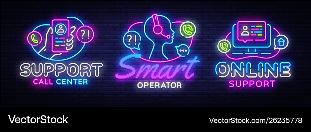 Call center collection neon signs support Vector Image