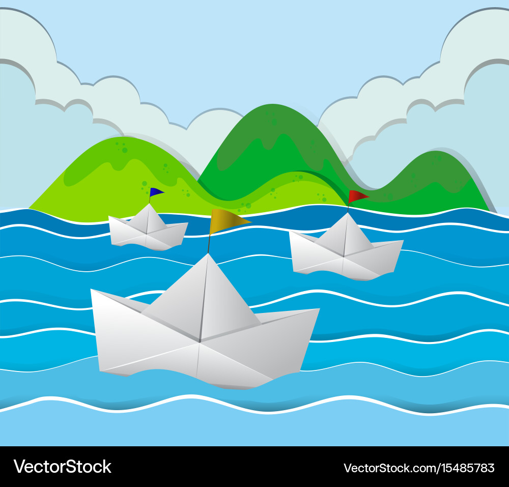 Three paper boats floating in ocean Royalty Free Vector