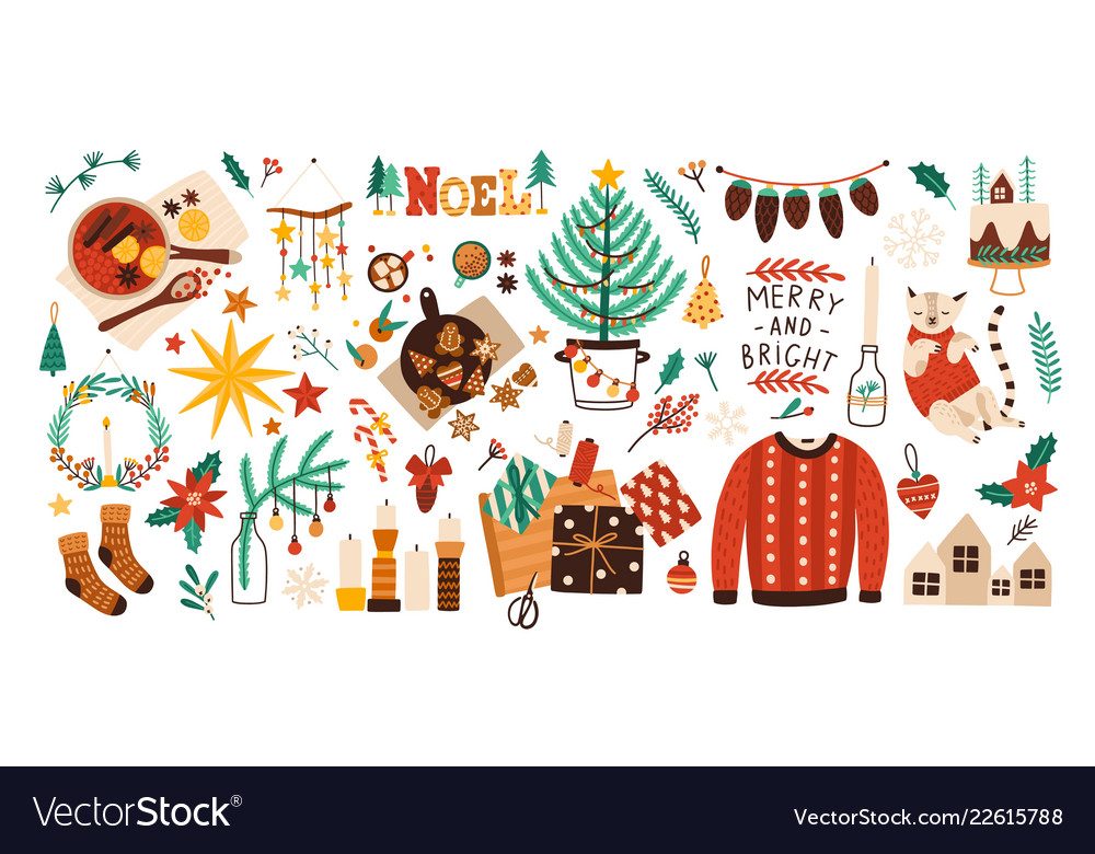 Collection christmas decorations holiday gifts Vector Image