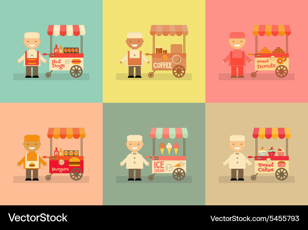 Food Carts with Sellers Set Royalty Free Vector Image
