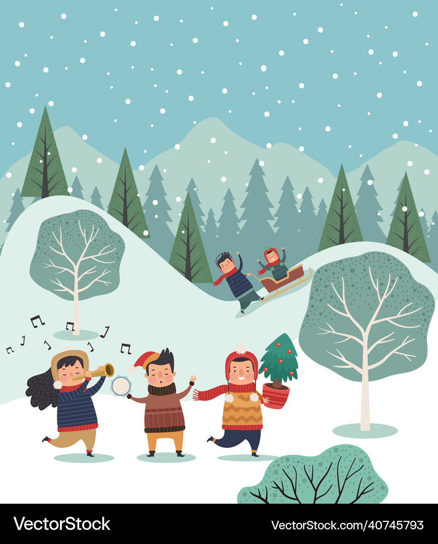 Group of people in snowscape Royalty Free Vector Image