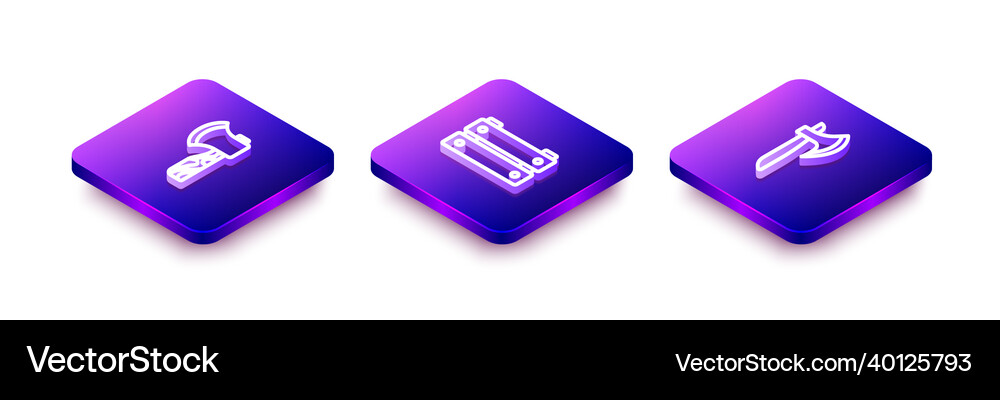 Set isometric line wooden axe box and icon Vector Image
