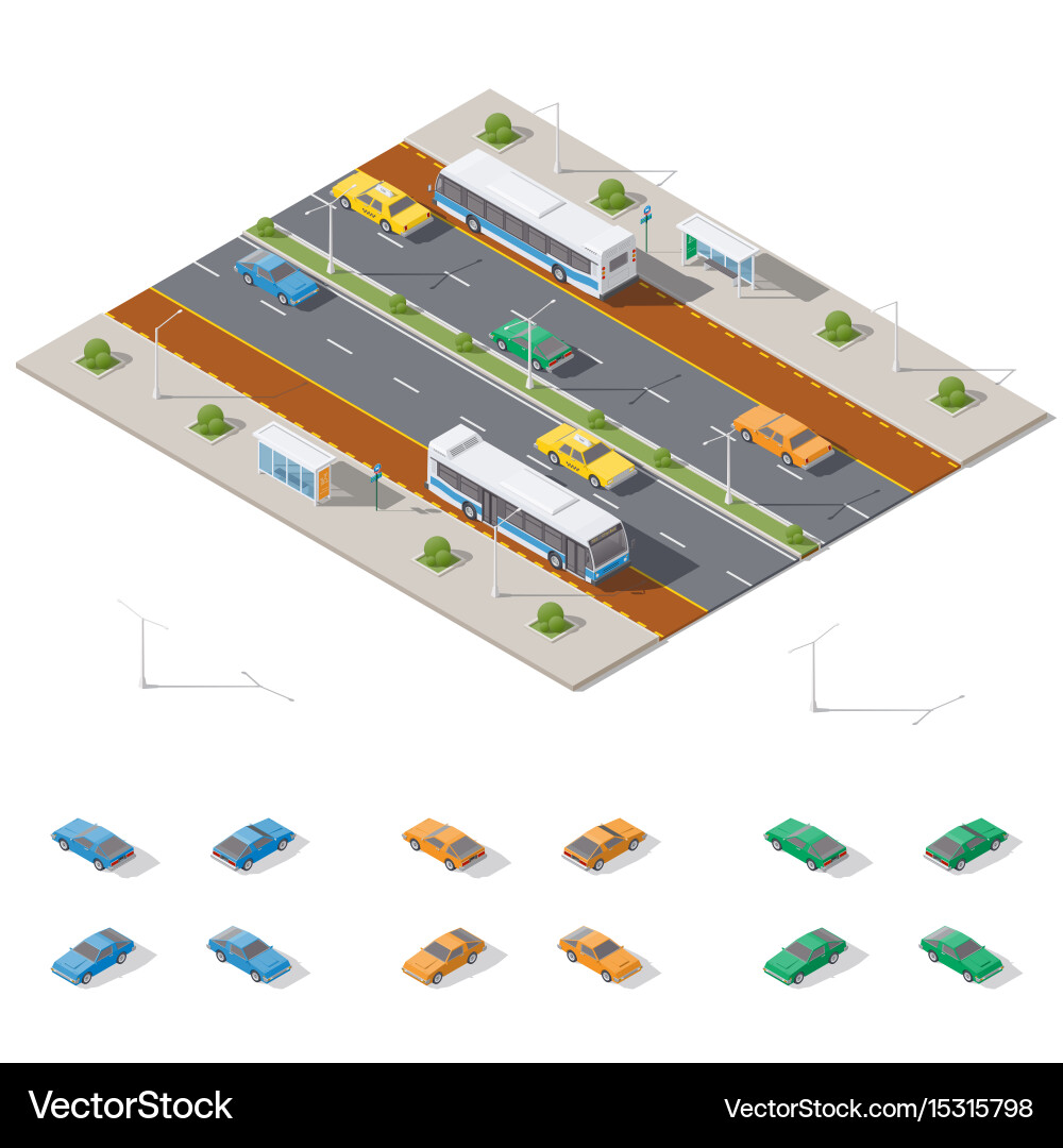 Bus stop and two way road architecture isometric Vector Image