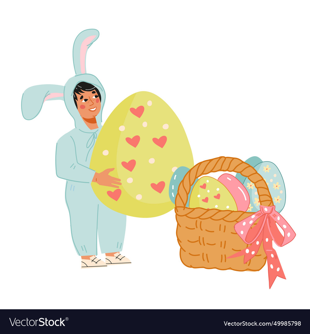 Child in easter bunny costume with eggs basket Vector Image