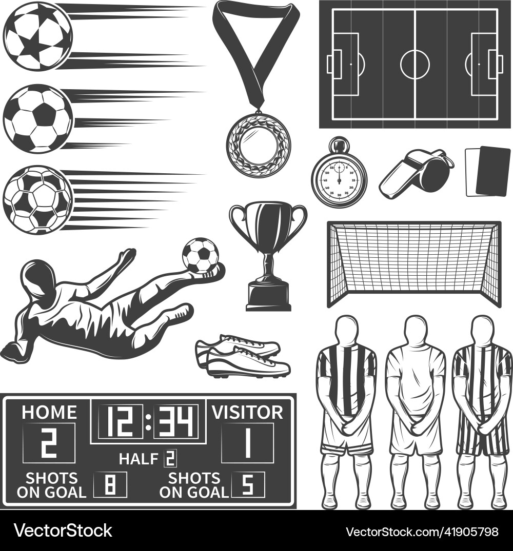 Soccer monochrome elements set Royalty Free Vector Image
