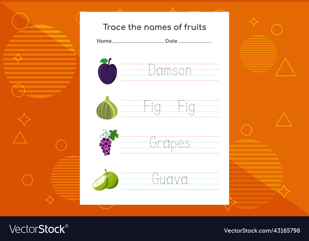 Trace the names of fruits handwriting practice Vector Image