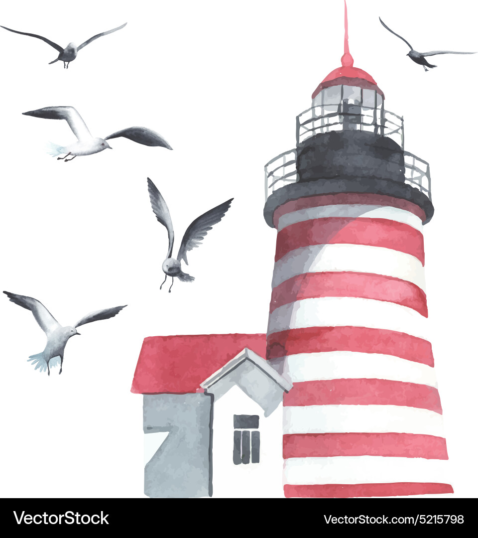 Watercolor lighthouse and seagulls Royalty Free Vector Image