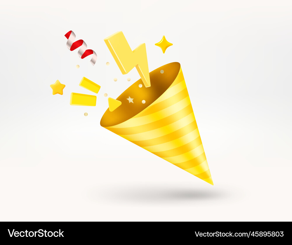 Golden cone with confetti surprise concept 3d Vector Image