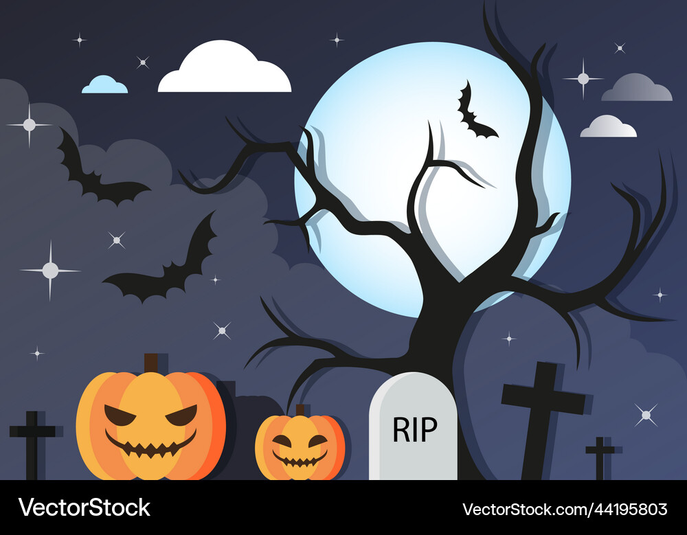 Horror halloween tree pumpkinbat art Royalty Free Vector