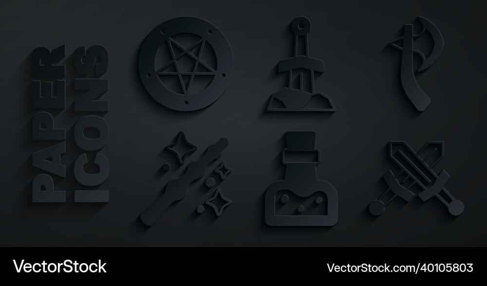 Set bottle with potion wooden axe magic wand Vector Image