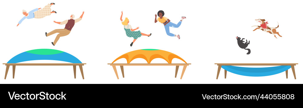 People and pet jumping trampoline scene Royalty Free Vector