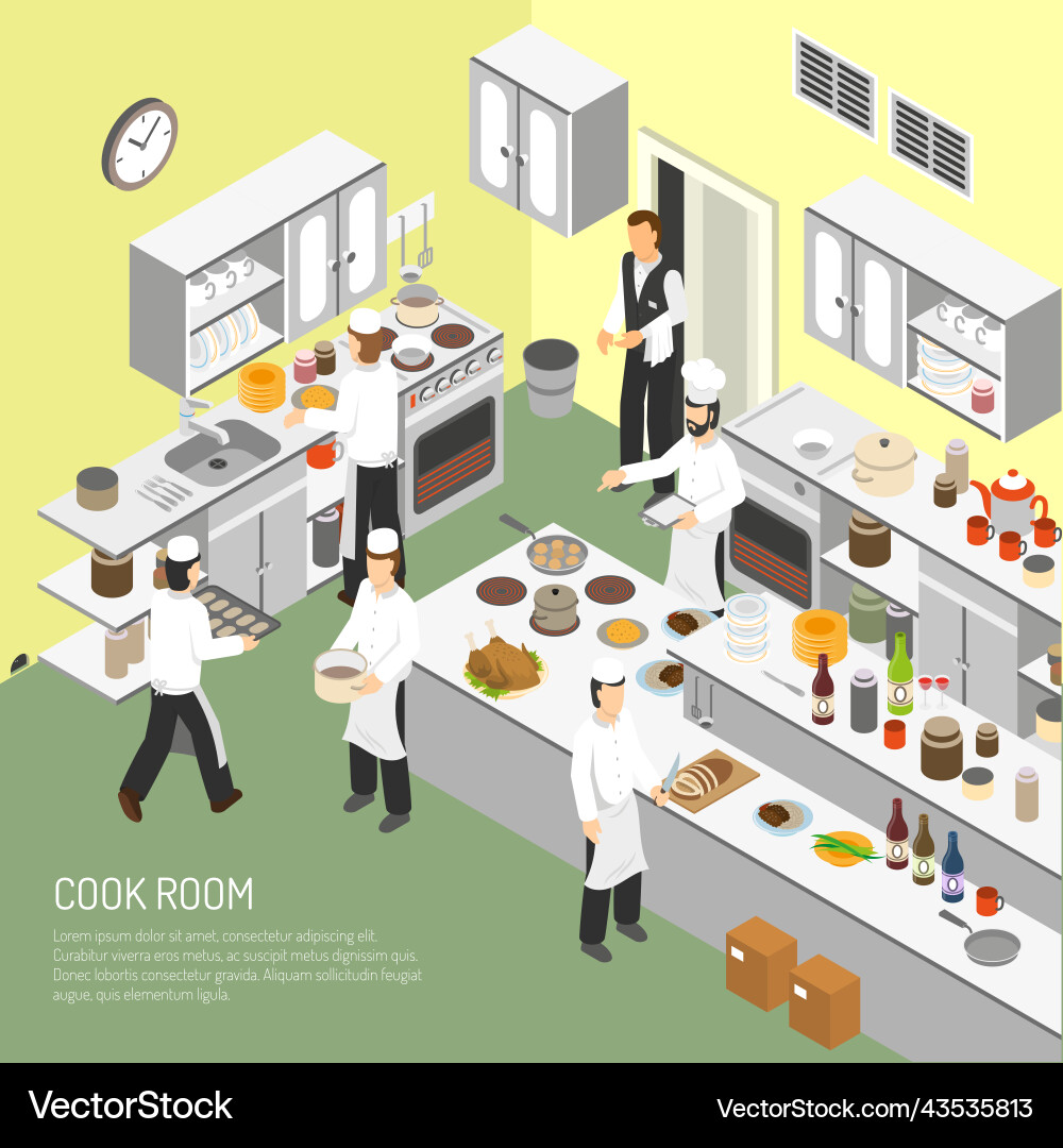 Restaurant cooking room isometric poster Vector Image
