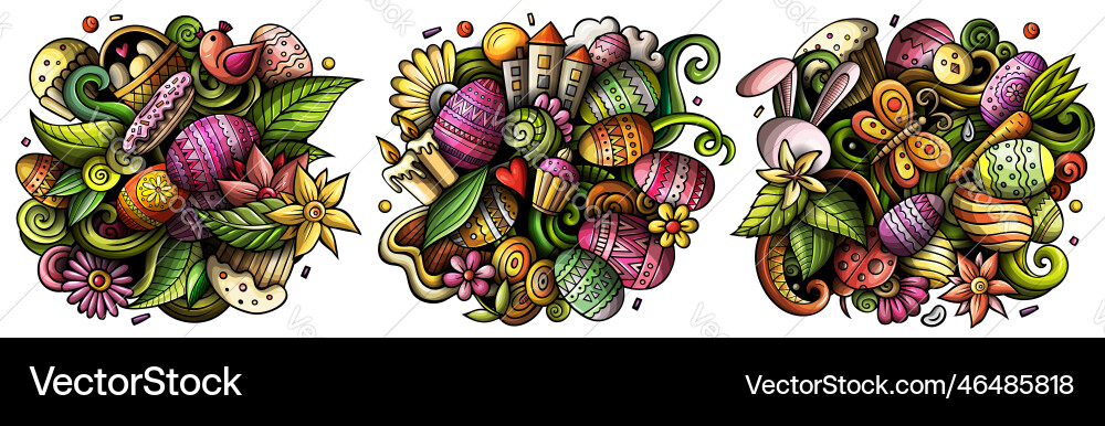 Happy easter cartoon doodle designs set Royalty Free Vector