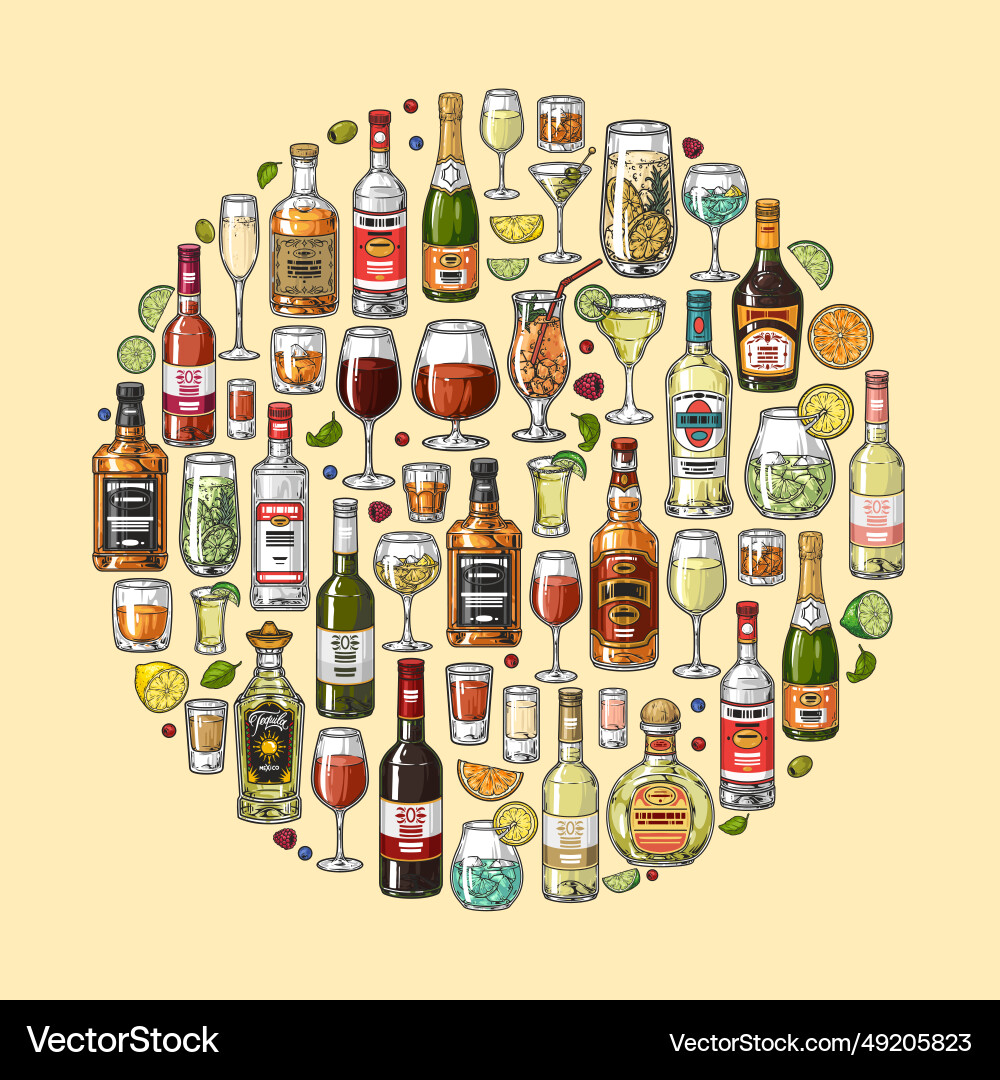 Assortment alcohol bar colorful sticker Royalty Free Vector