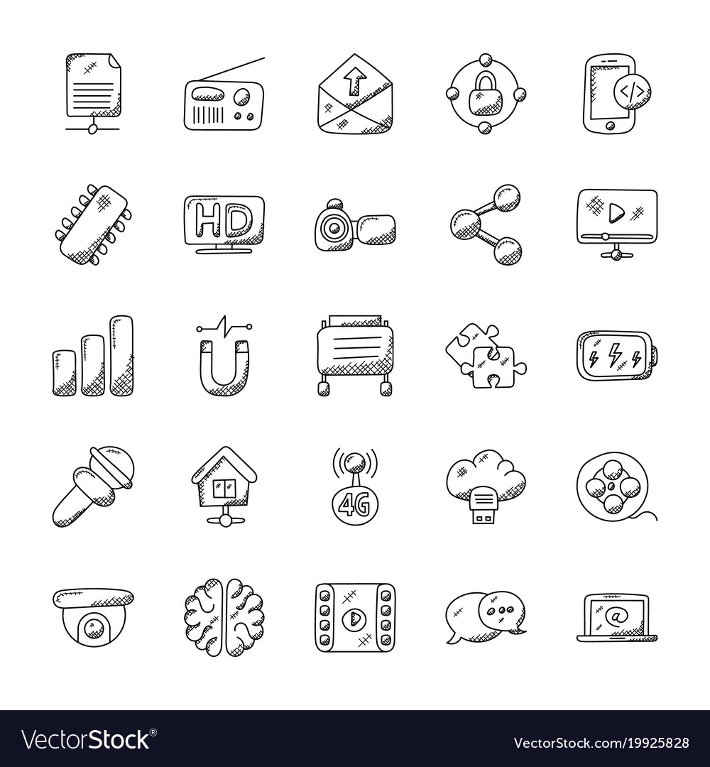 Doodle icons set technology theme Royalty Free Vector Image