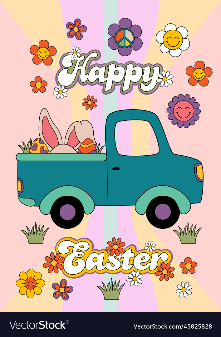 Easter card with truck and groovy rabbit Vector Image