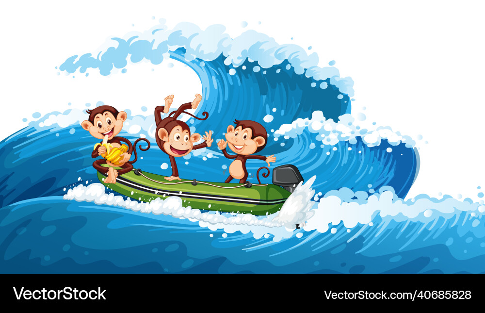 Little monkeys dancing on speed boat ocean wave Vector Image