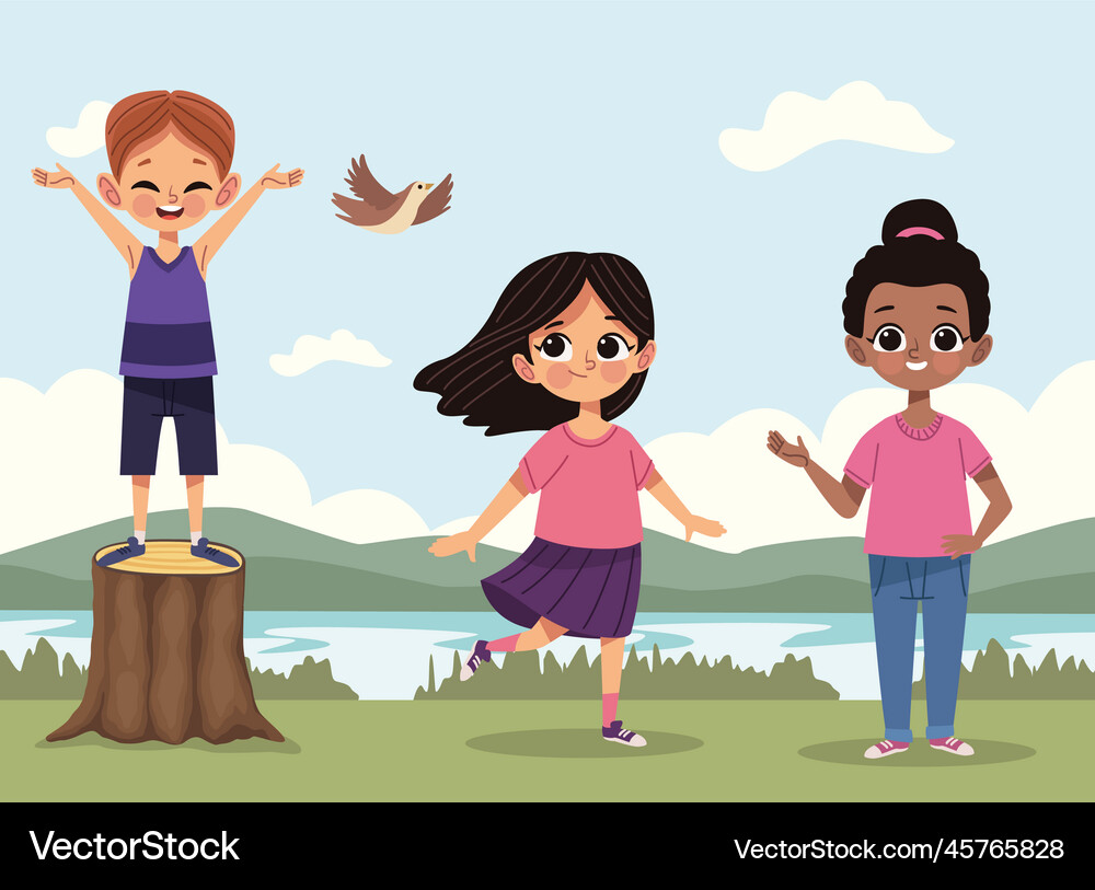 Three little kids in landscape Royalty Free Vector Image