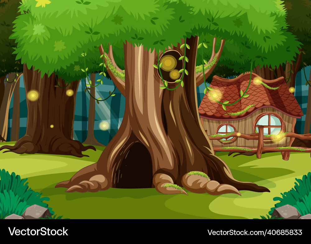 Fantasy forest background with hollow tree Vector Image