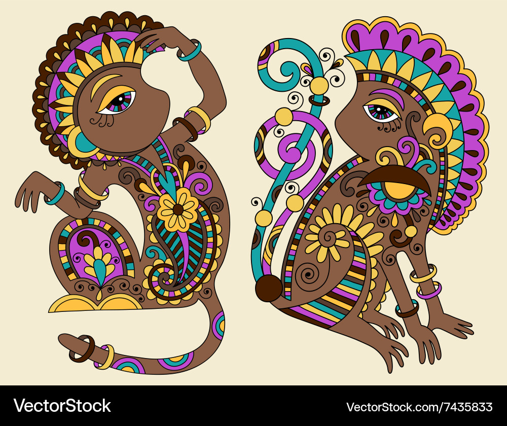 Line art drawing of two ethnic monkey Royalty Free Vector