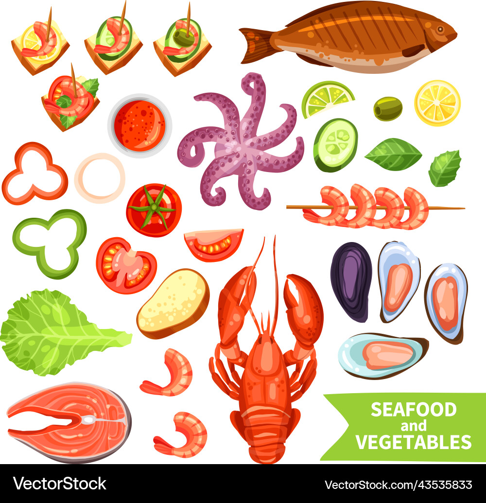 Seafood and vegetables icons set Royalty Free Vector Image