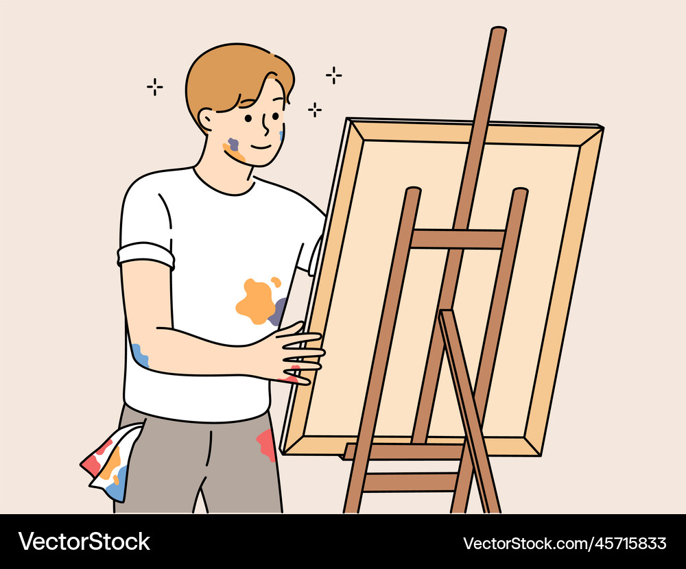 Young man drawing picture on easel Royalty Free Vector Image
