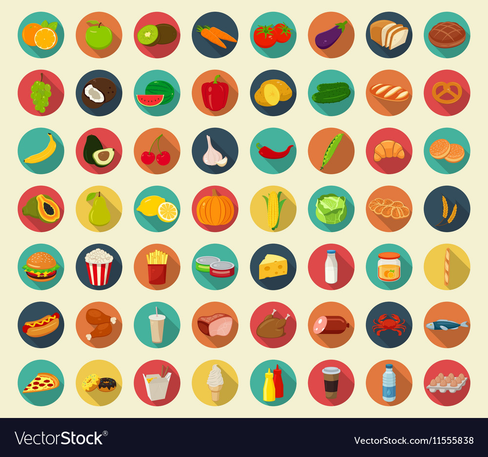 Food and drinks icons set flat design Royalty Free Vector