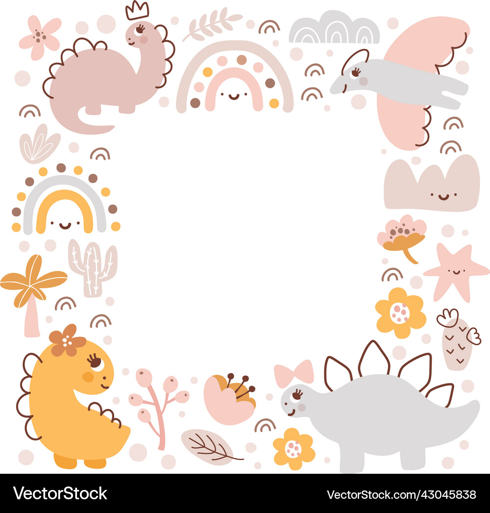 Square dino girl frame with dinosaurs Royalty Free Vector