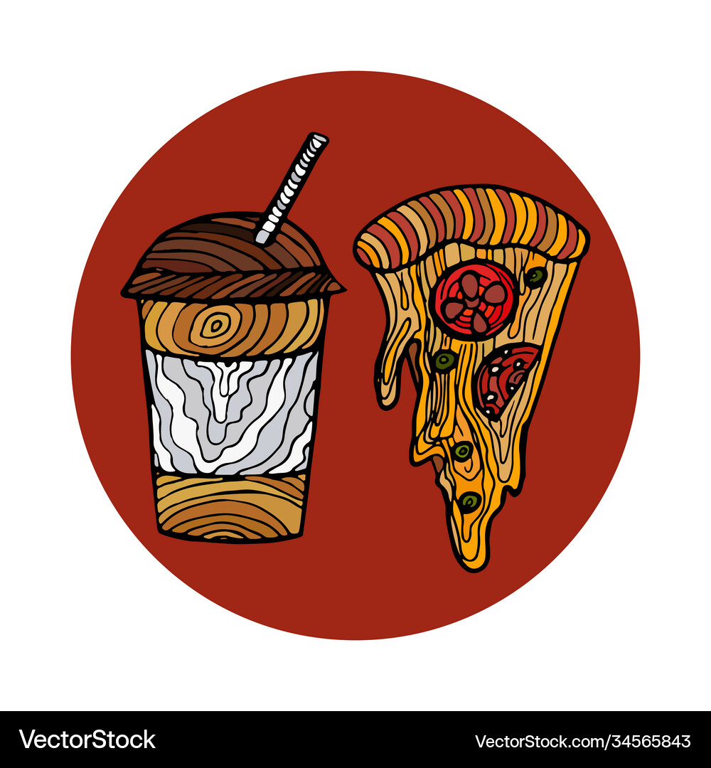 Coffee or tea in cup and pizza Royalty Free Vector Image