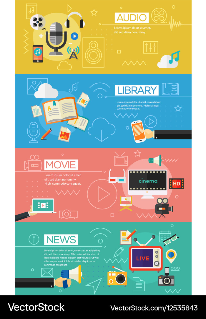 Flat concept banners Audio online library video Vector Image