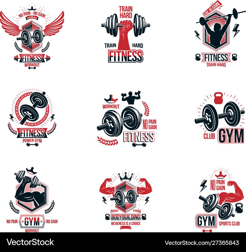 Set bodybuilding theme emblems and advertising Vector Image
