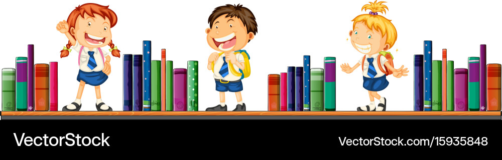 Three school children and books Royalty Free Vector Image