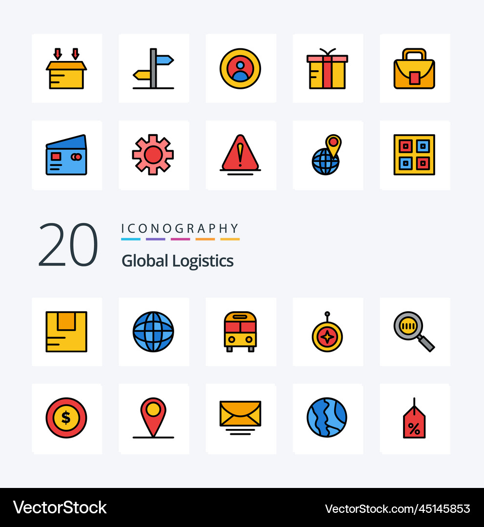 20 global logistics line filled color icon pack Vector Image