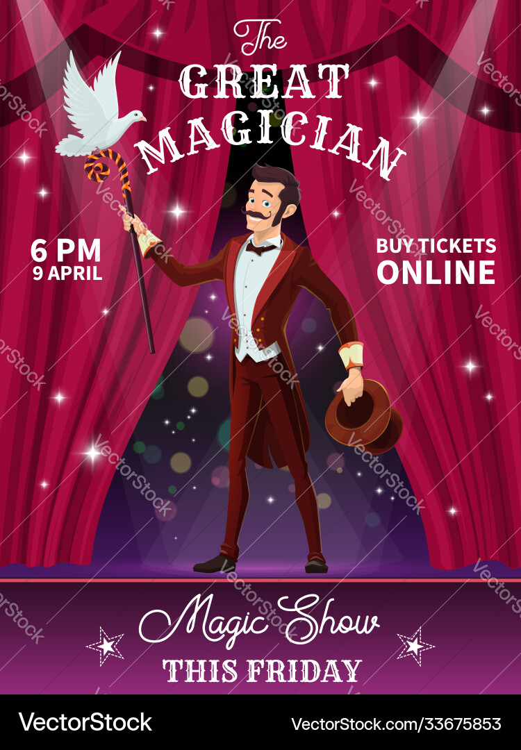 Circus flyer with magician performer character Vector Image