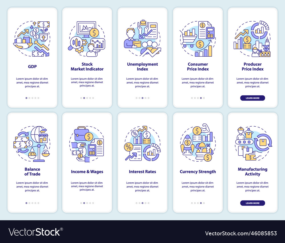 Economic indicators and examples onboarding Vector Image Economic indicators and examples onboarding Vector Image