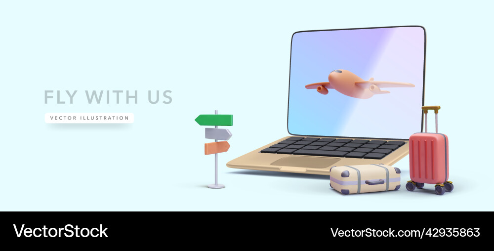 3d realistic laptop with airplane on screen Vector Image