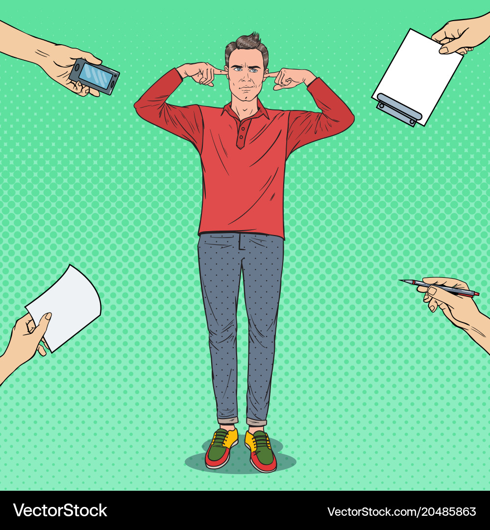 Pop art overworked frustrated man closed ears Vector Image