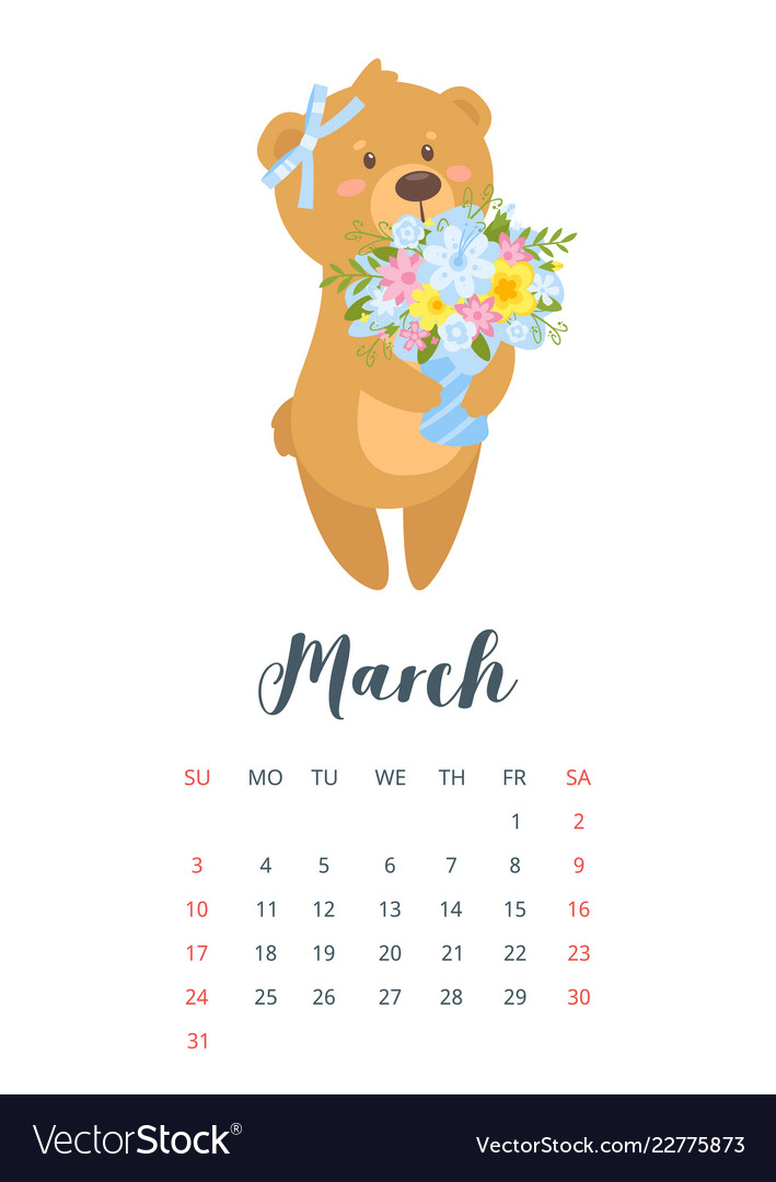 2019 cute teddy bear calendar Royalty Free Vector Image