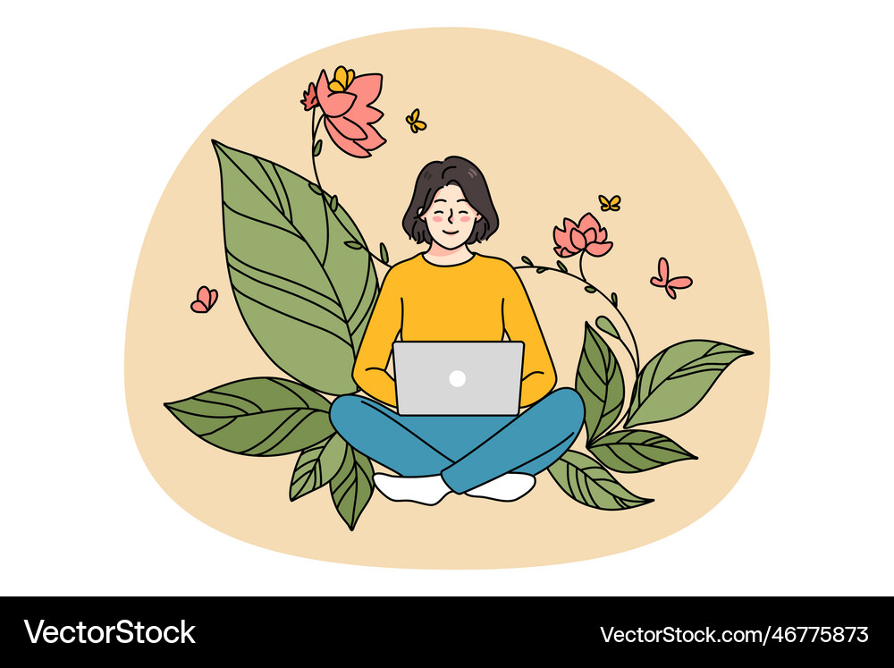 Smiling girl work on computer on flowery Vector Image