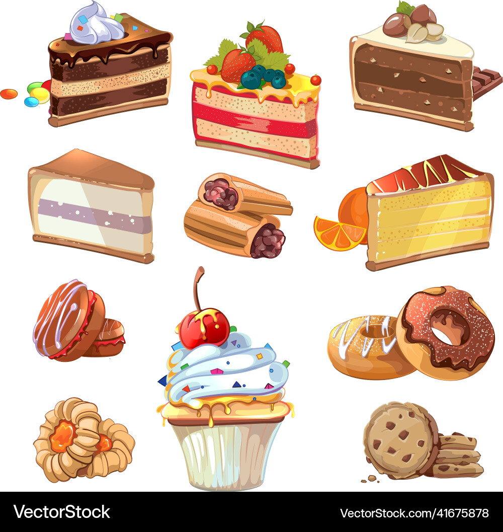 Pastry set in cartoon style Royalty Free Vector Image