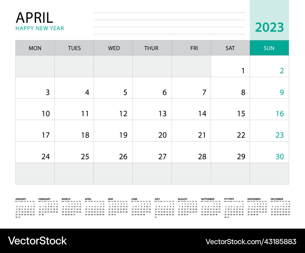 April 2023-calendar 2023 template Royalty Free Vector Image