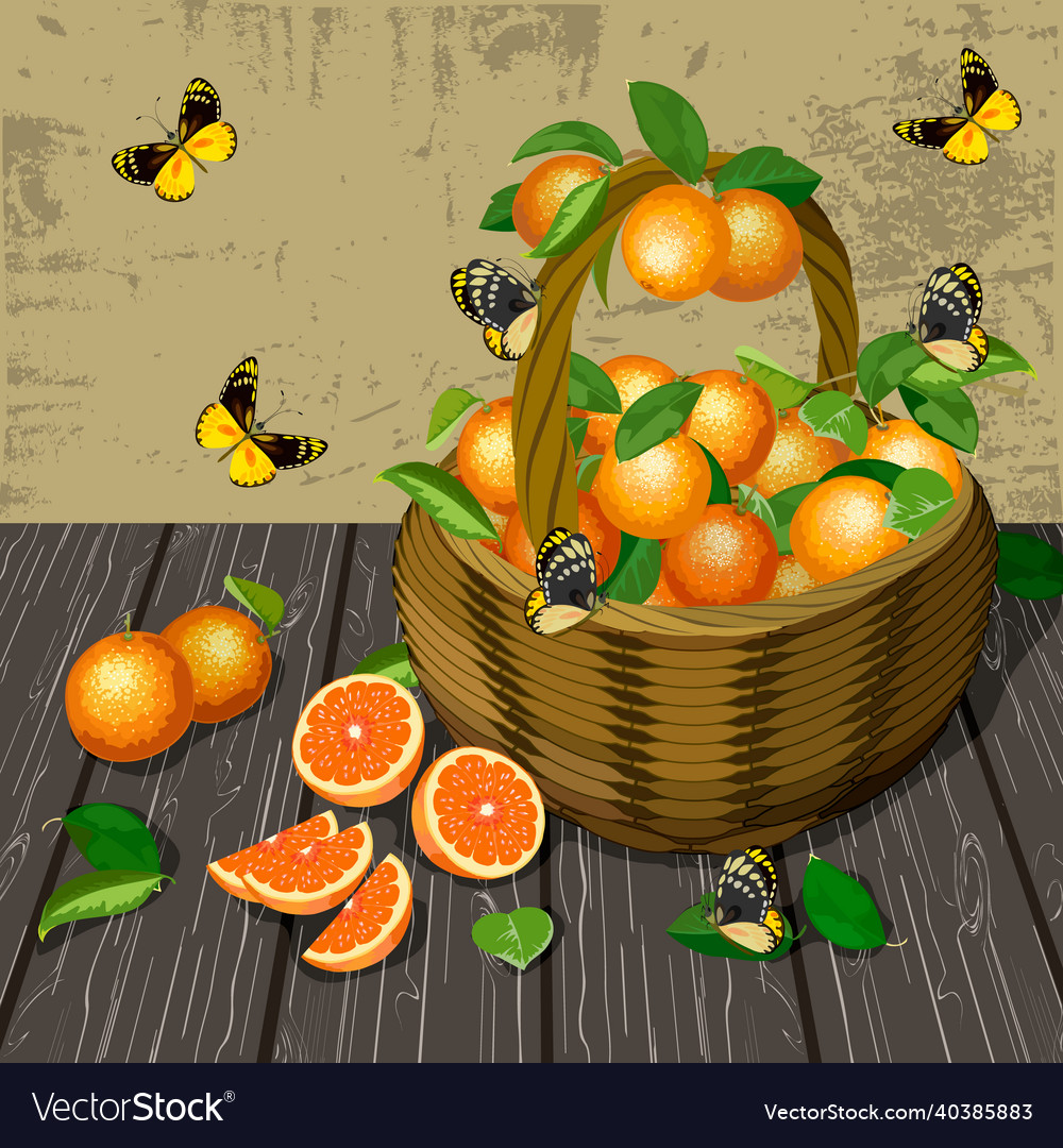 Butterflies and a basket with oranges Royalty Free Vector